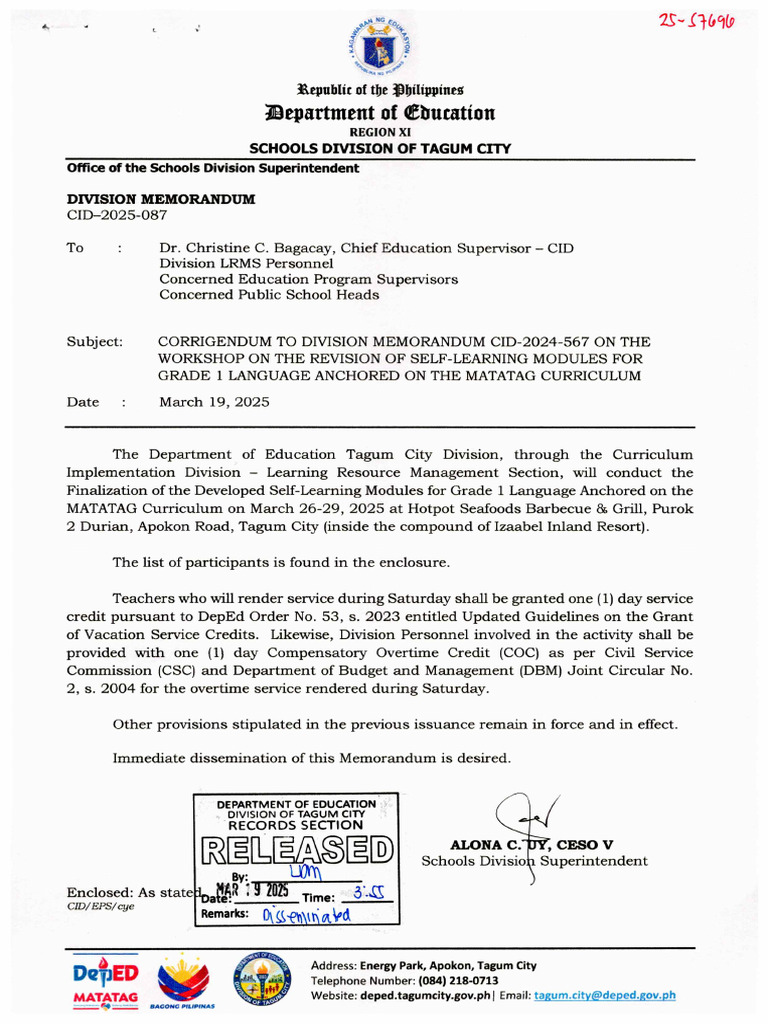 DM Cid 2025 087 3-19-2025 Corrigendum To Division Memorandum Cid 2024 ...