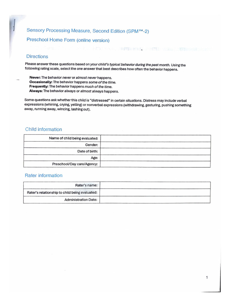 SPM-2 Preschool Home Form Guide | PDF