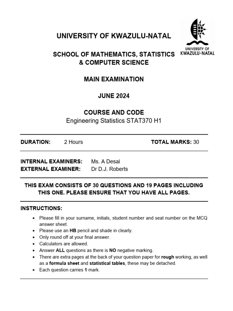STAT370 June 2024 Exam Paper | PDF | Errors And Residuals | Analysis Of ...