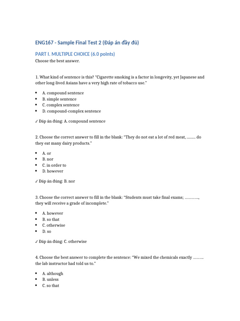 ENG167 Sample Final Test 2 Dap An Full | PDF