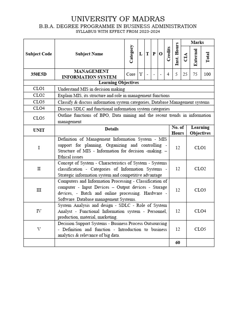BBA Management Information Systems Syllabus | PDF | System | Management ...