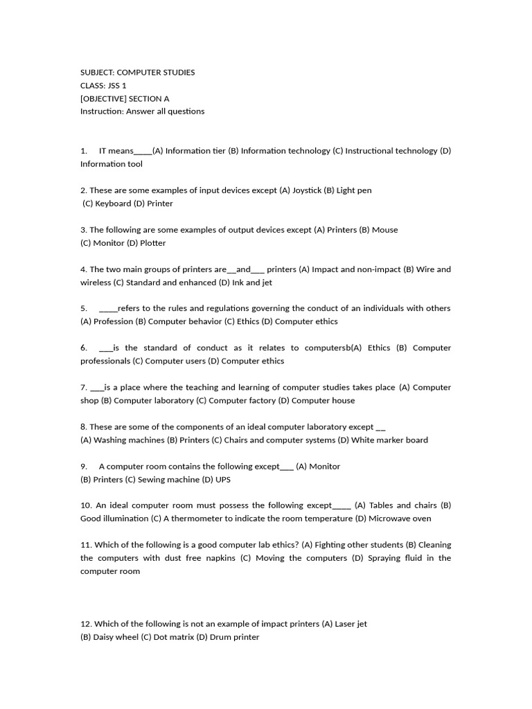 JSS 1 Computer Examination Questions | PDF | Printer (Computing ...