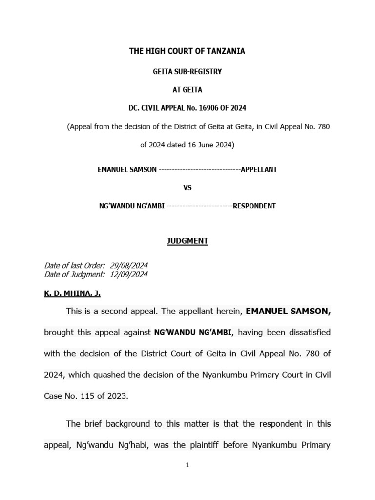 Emanuel Samson vs Ngwandu Ngambi 2024 TZHC 7954 (12 September 2024 ...
