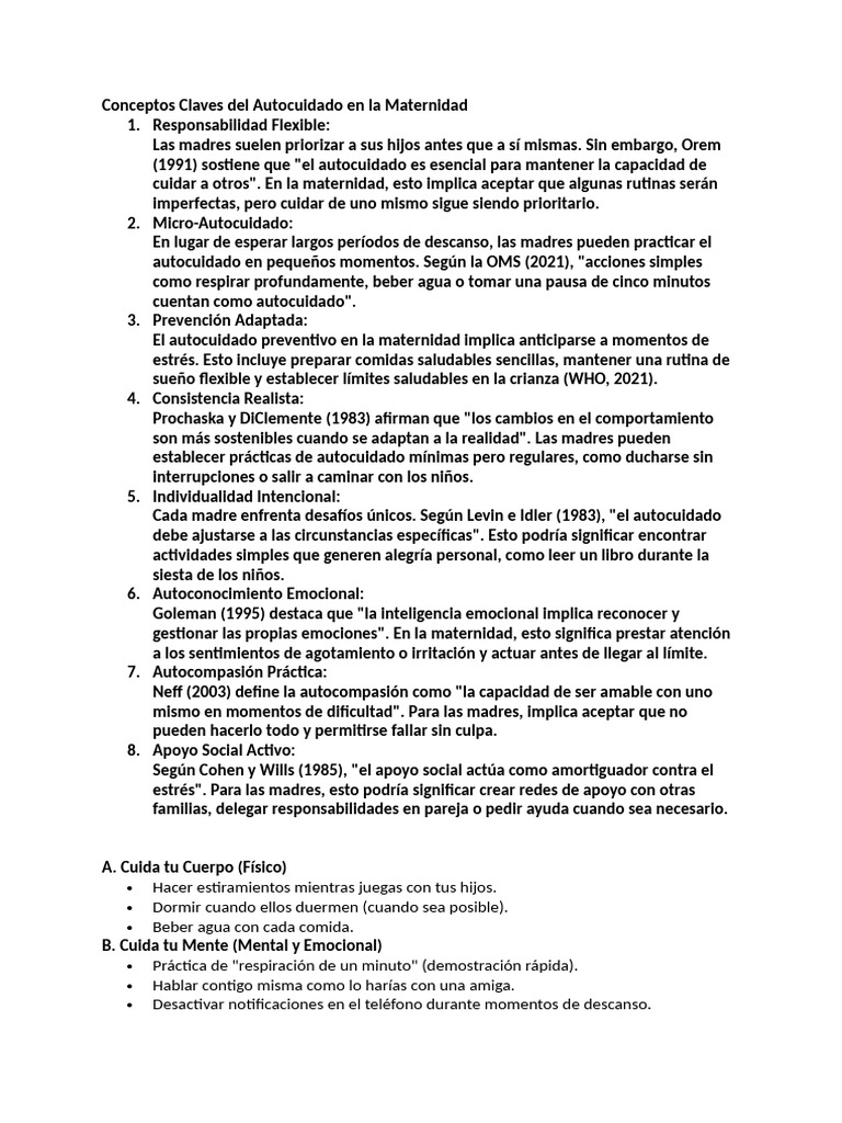 Conceptos Claves Del Autocuidado en La Maternidad | PDF | Las emociones | Cognición