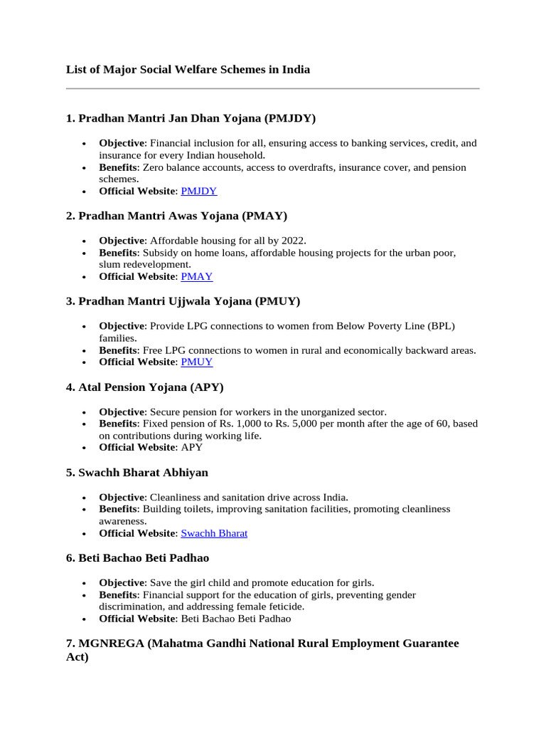 List of Major Social Welfare Schemes in India | PDF | Government ...