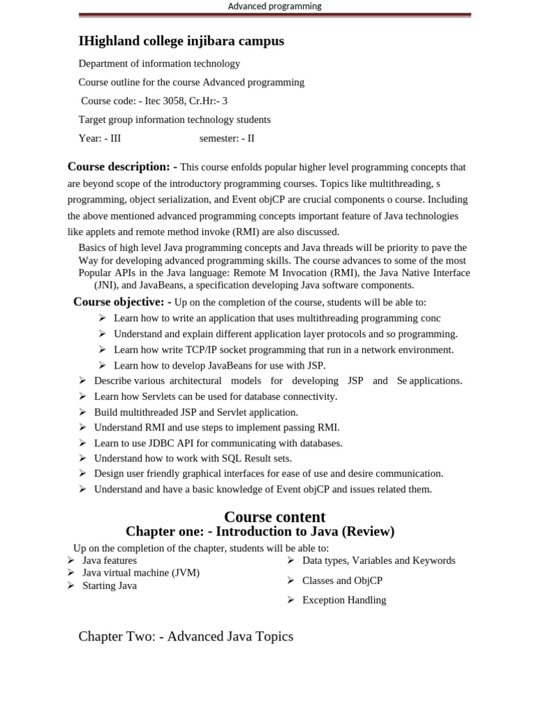 Advanced Programing Course Outline | PDF | Java (Programming Language) | Software Development