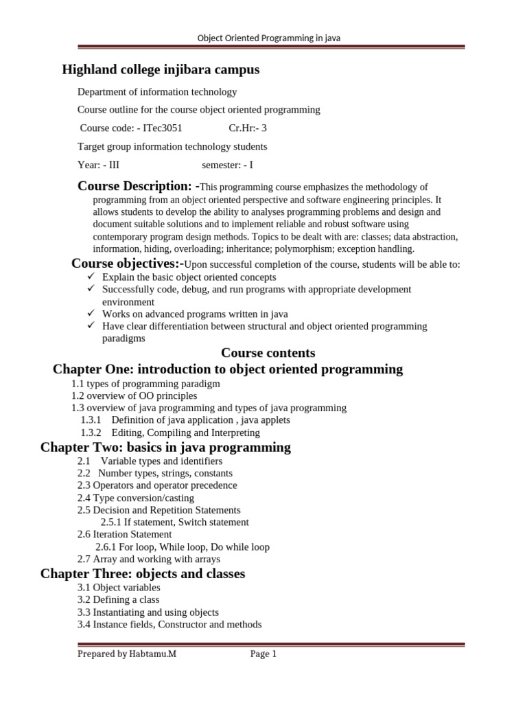 Object Oriented Programming Course Outline | PDF | Object Oriented ... Object Oriented Programming Course Outline | PDF | Object Oriented ...