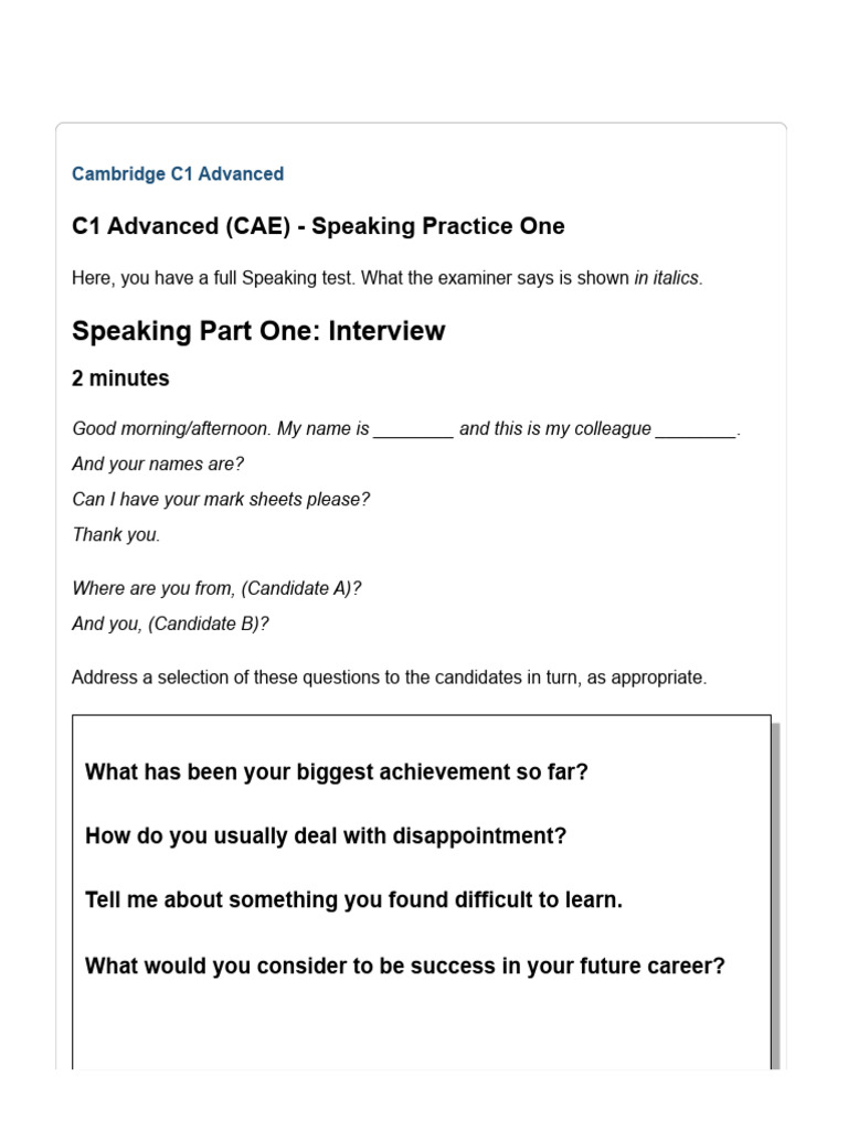 Cambridge C1 Advanced Exam (CAE) Speaking - Example Test One | PDF