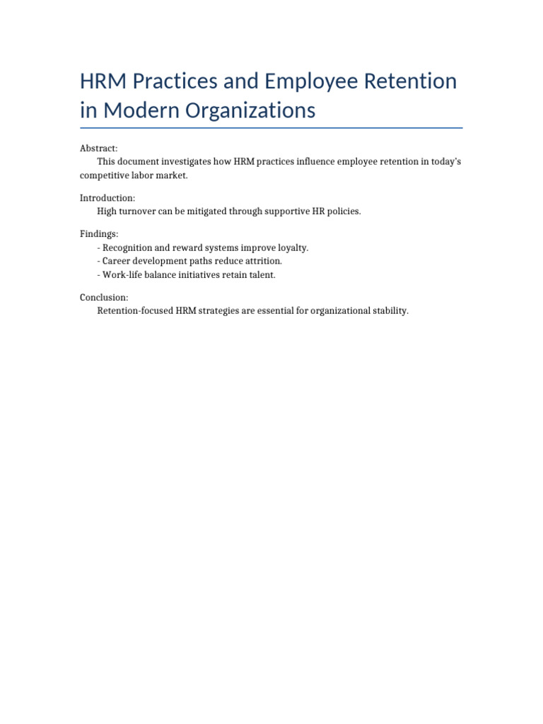 HRM Practices and Employee Retention in Modern Organizations | PDF