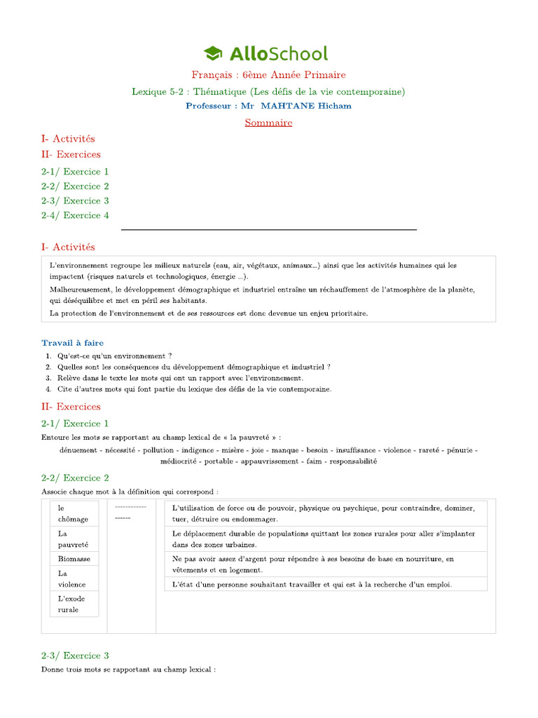 Lexique 5 2 Thematique Les Defis de La Vie Contemporaine 1 | PDF