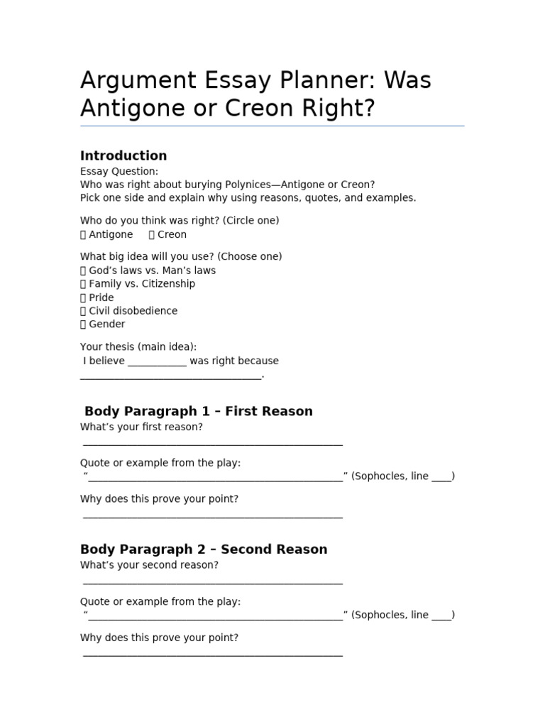 Antigone Essay Planner Printable | PDF