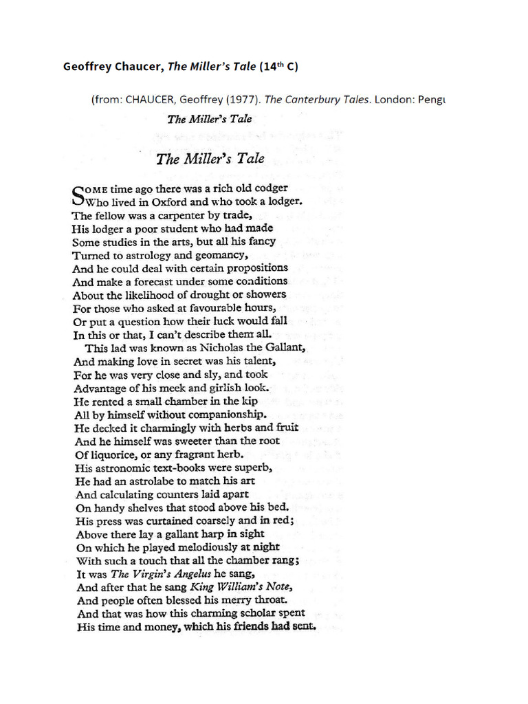 The Miller's Tale (Geoffrey Chaucer) | PDF