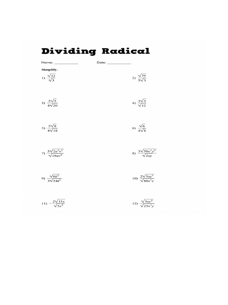 Dividing Radical Expressions Worksheets 688389.Png | PDF