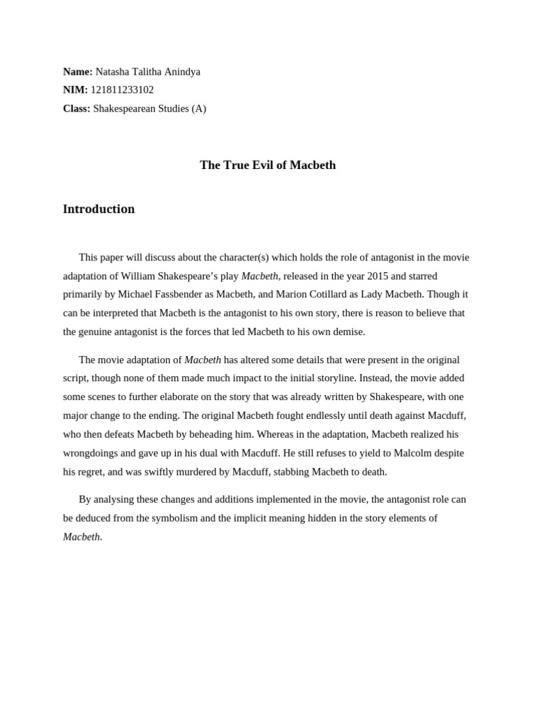 Midterm Paper - The True Antagonist in Macbeth (2015) | PDF | Macbeth ...