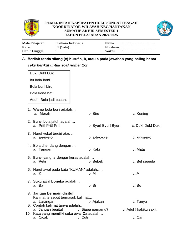 SOAL SUMATIF KELAS 1 Bahasa Indonesia | PDF