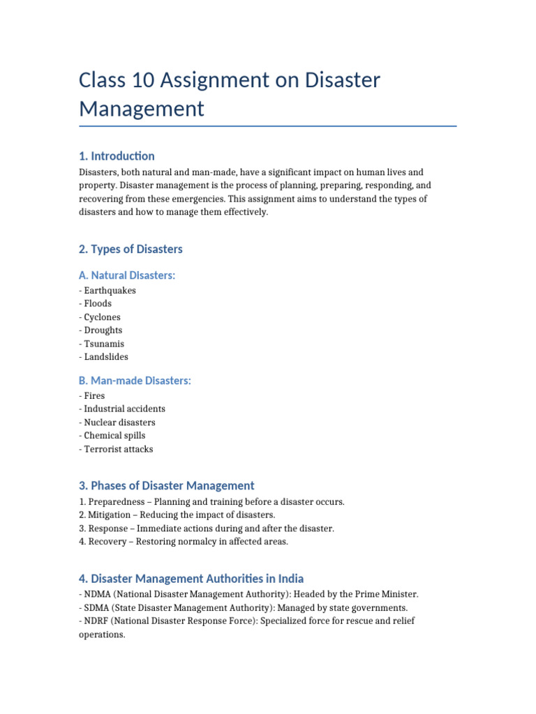 Class 10 Disaster Management Assignment | PDF