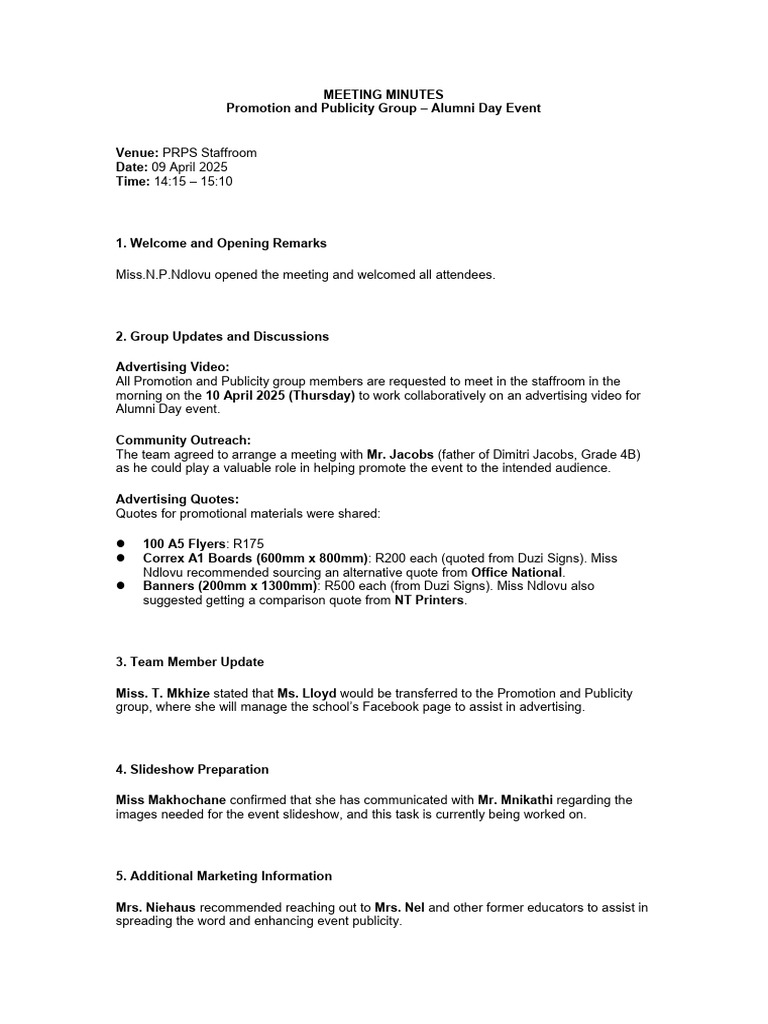 Alumni Day Event Meeting Minutes | PDF