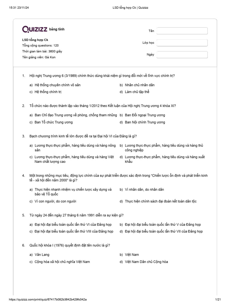 LSD Tổng Hợp Ck _ Quizizz | PDF