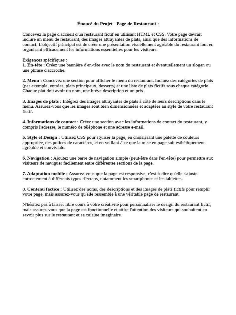 Page d'accueil de restaurant fictif | PDF