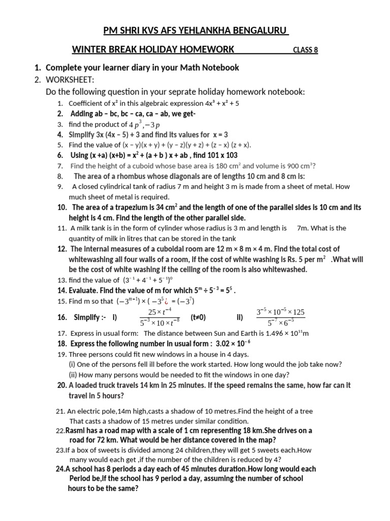 Class 8 Holiday Homework | PDF | Area