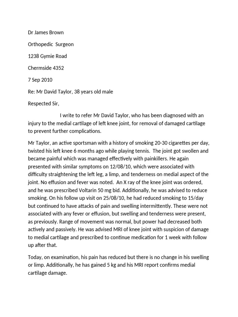 Knee Cartilage Injury Referral Letter | PDF