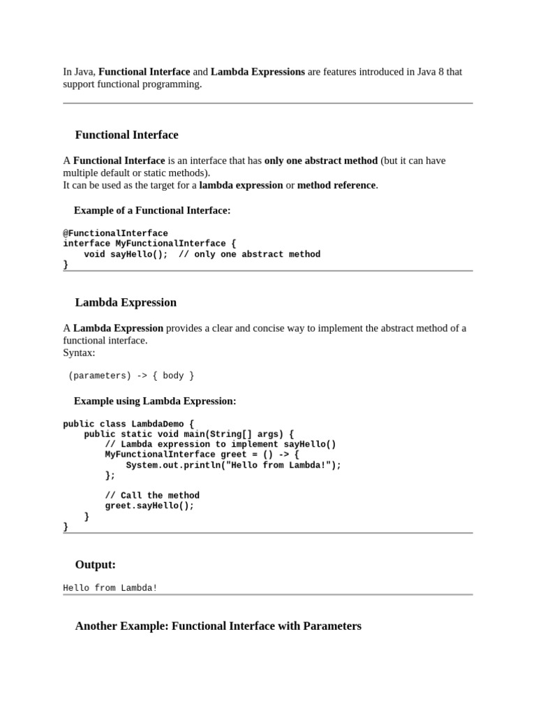 Functional Interface And Lambda Expression Pdf Anonymous Function Parameter Computer