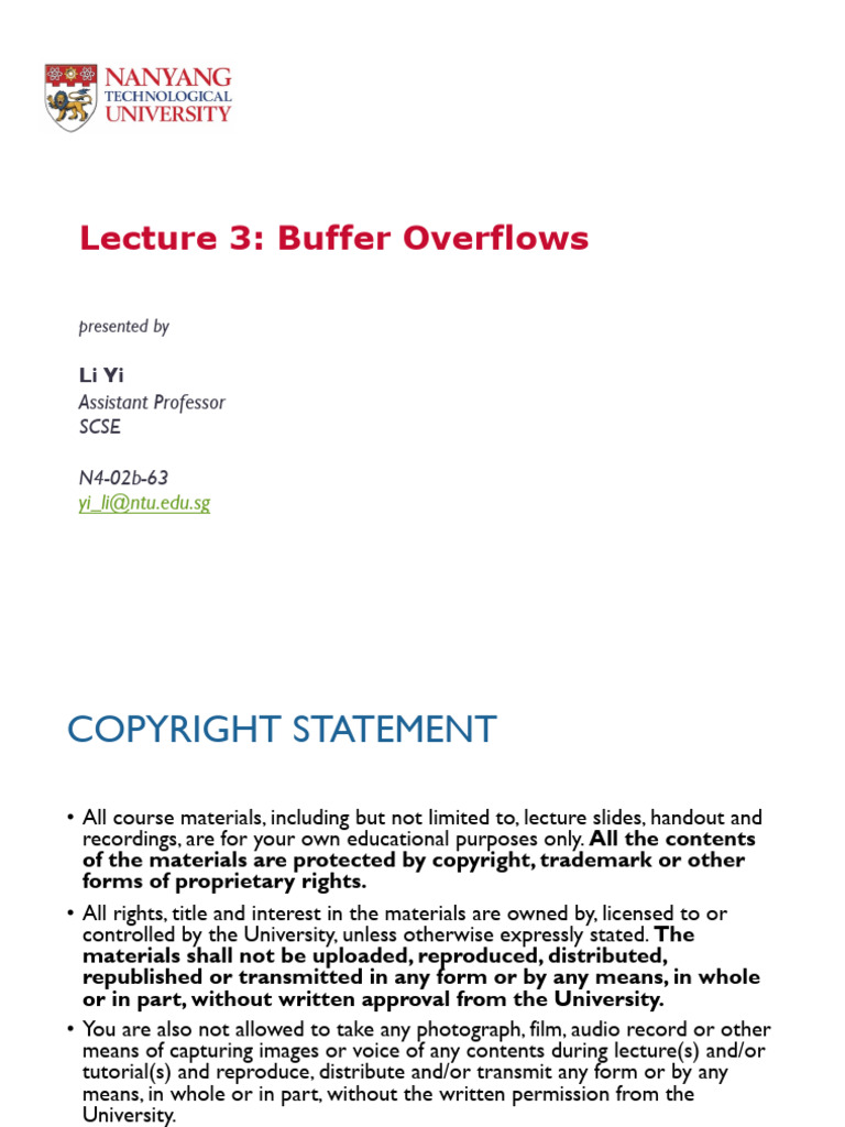 SC4012 Lecture 3 Buffer Overflows | PDF | Computing | Software Engineering