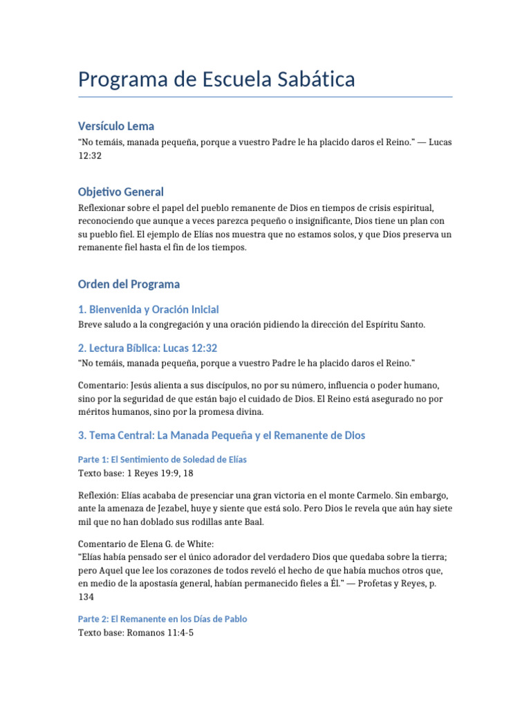 Programa Escuela Sabatica Manada Pequena | PDF | Elijah | Religiones abrahámicas