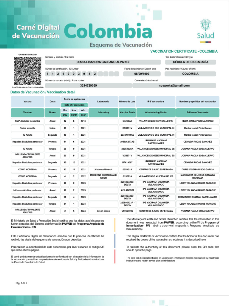 Vaccination Certificate - Colombia: Diana Lisandra Galeano Alvarez ...