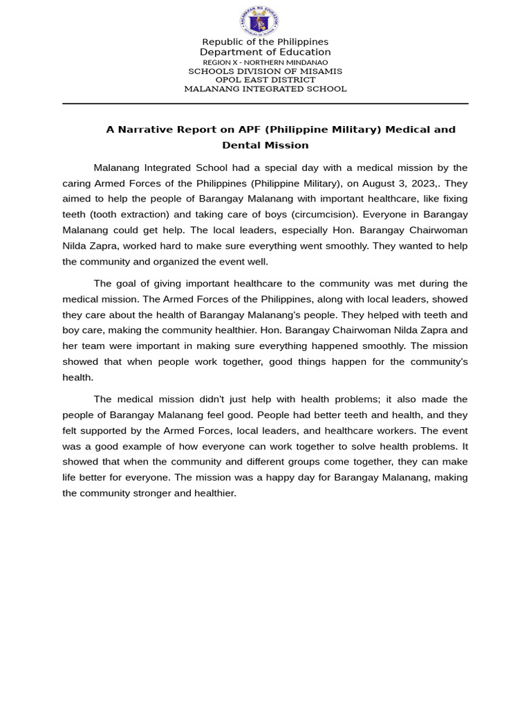 A Narrative Report On APF Philippine Military Medical and Dental Mission | PDF