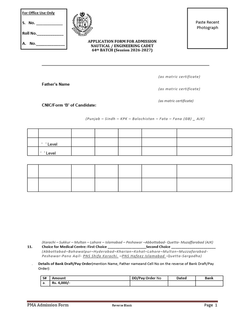 Admission Form 64 Batch | PDF | Pakistan