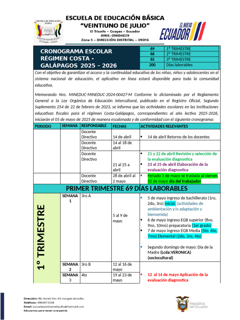 Cronograma Escolar Costa 2025-2026 | PDF