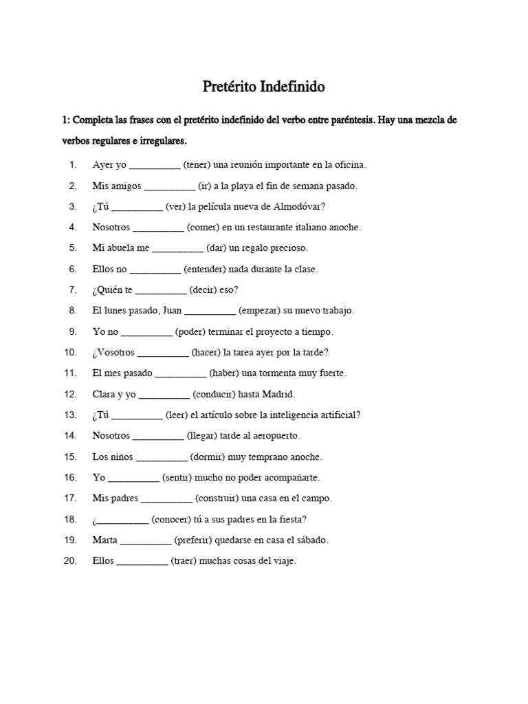 Pretérito Indefinido - Worksheet | PDF