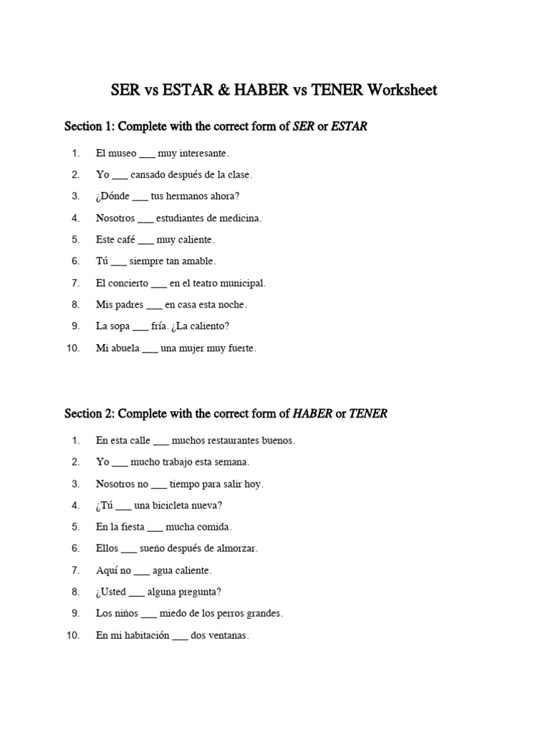 Ser vs Estar & Haber vs Tener Worksheet | PDF