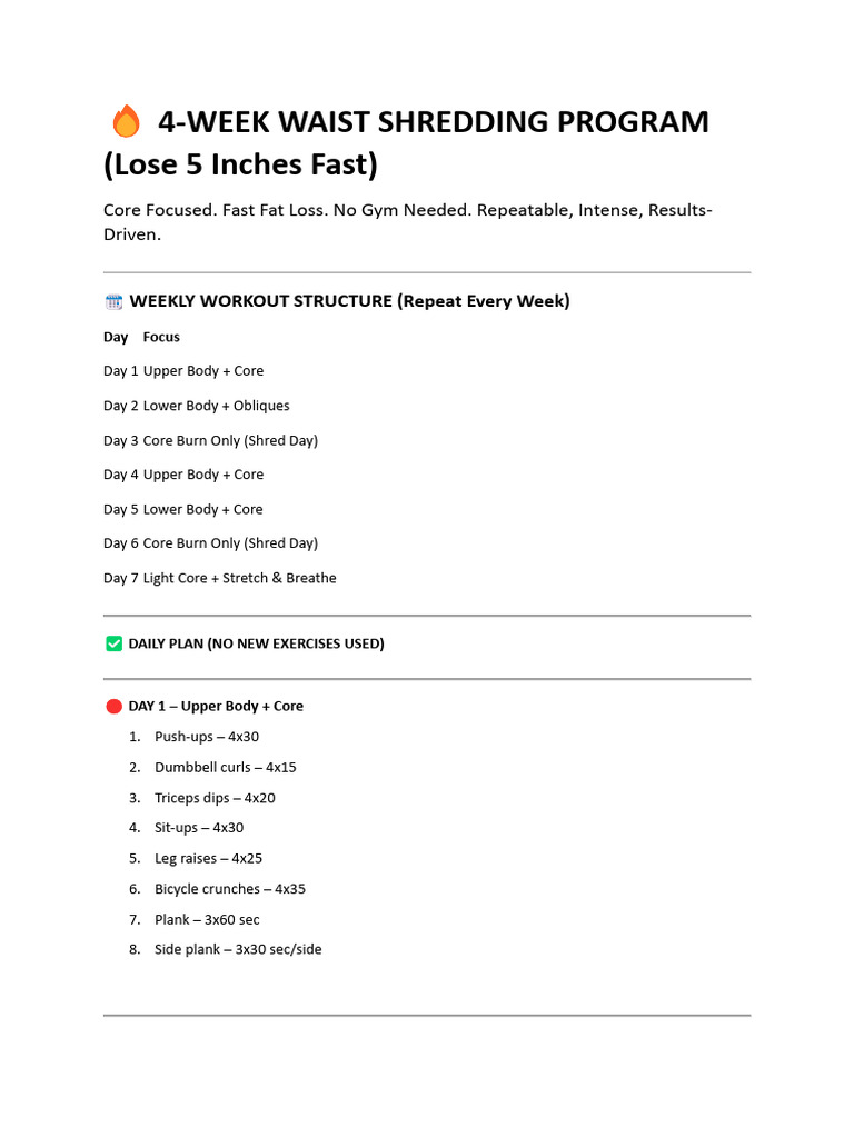 ? 4-Week Waist Shredding Program (Lose 5 Inches Fast) | PDF