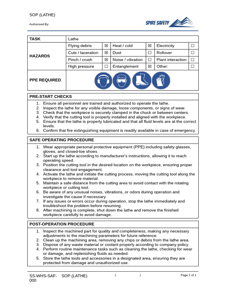 SS WHS SAF 000 Safe Operating Procedure Lathe | PDF | Machining ...