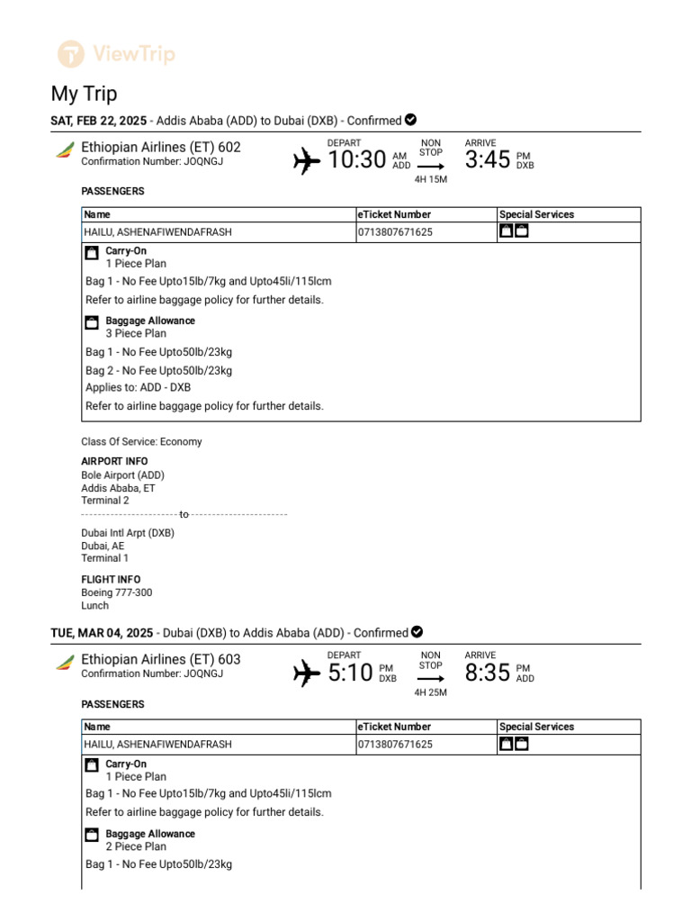 Travel Itinerary: ADD to DXB Flights | PDF | Civil Aviation | Airlines
