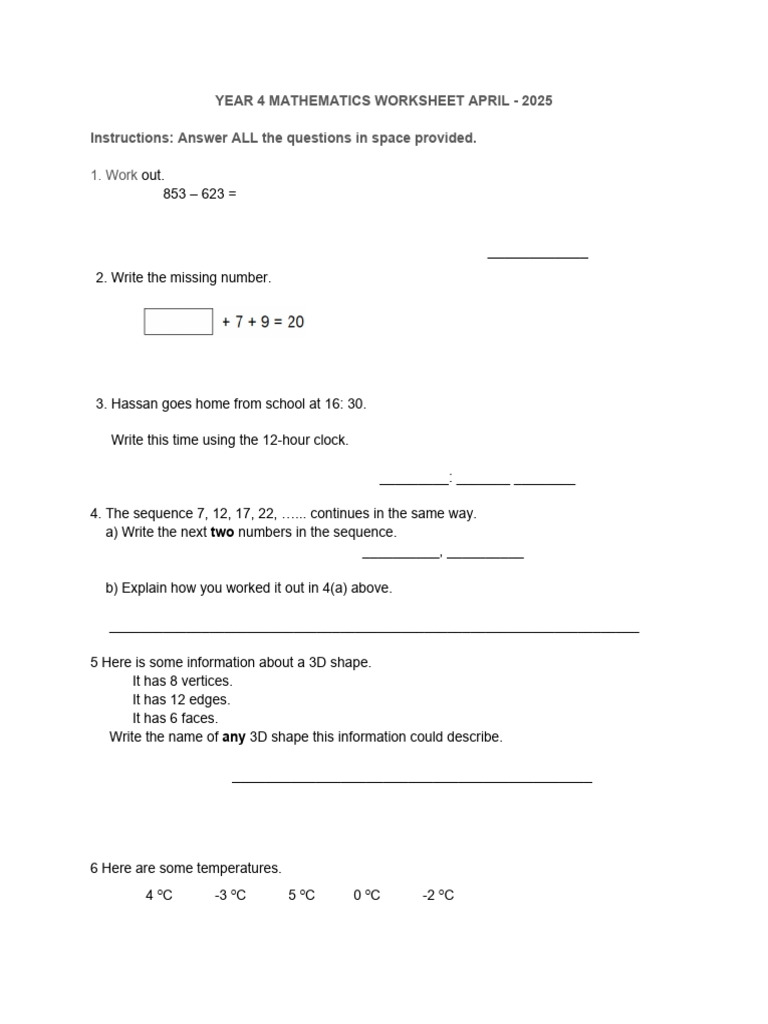 Year 4 Mathematics Revision Worksheet-April2025 | PDF