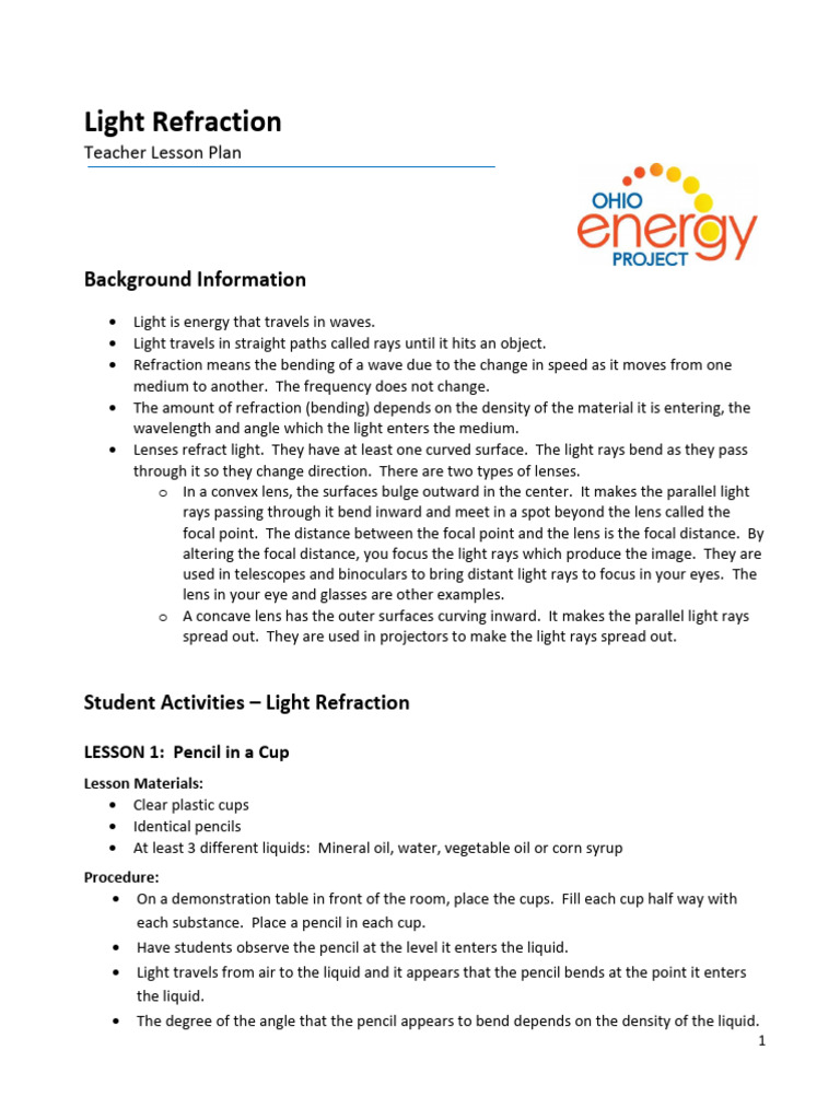 Light Refraction Lesson Plan Activities | PDF | Refraction | Light