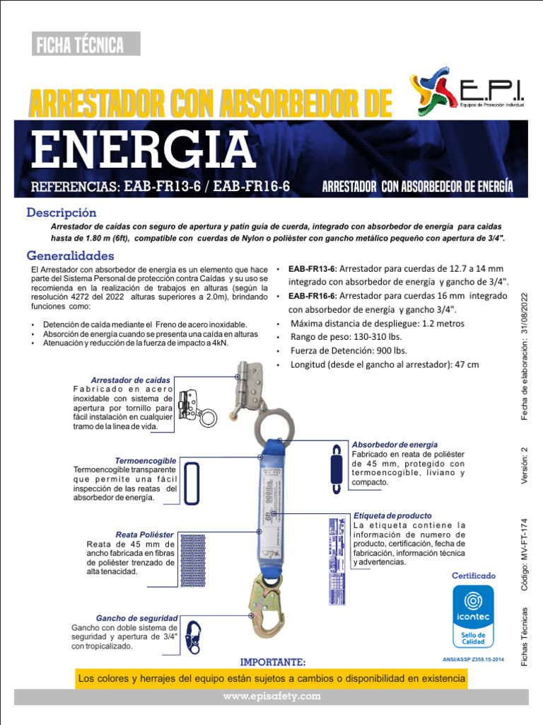 Ficha Tecnica Arrestador Con Absorvedor de Caida Epi | PDF | Cuerda ...