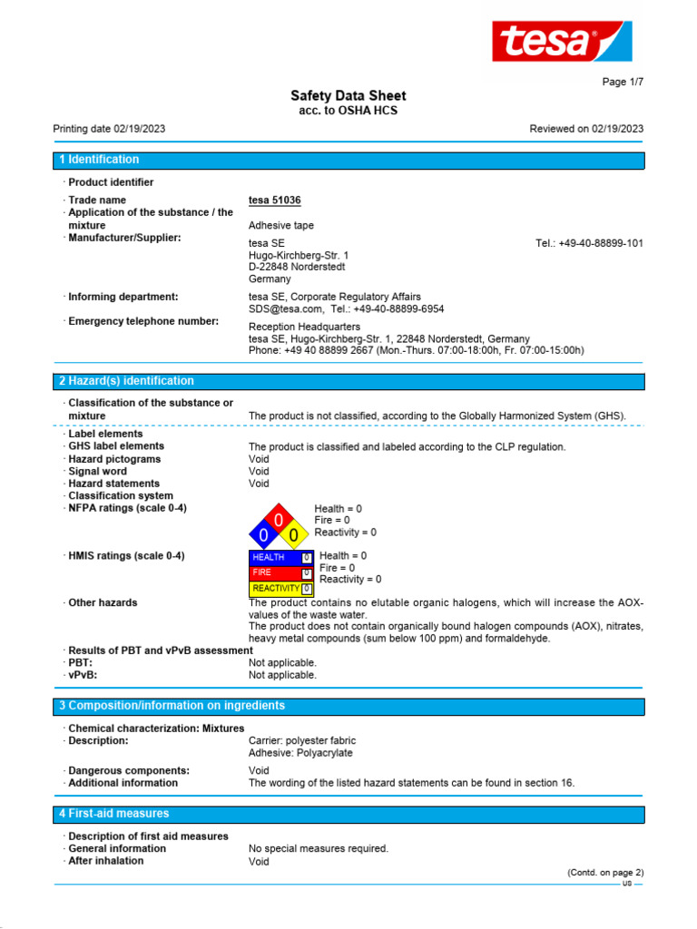Safety Data Sheet - Tesa® 51036 - en-US - v15 | PDF | Dangerous Goods ...