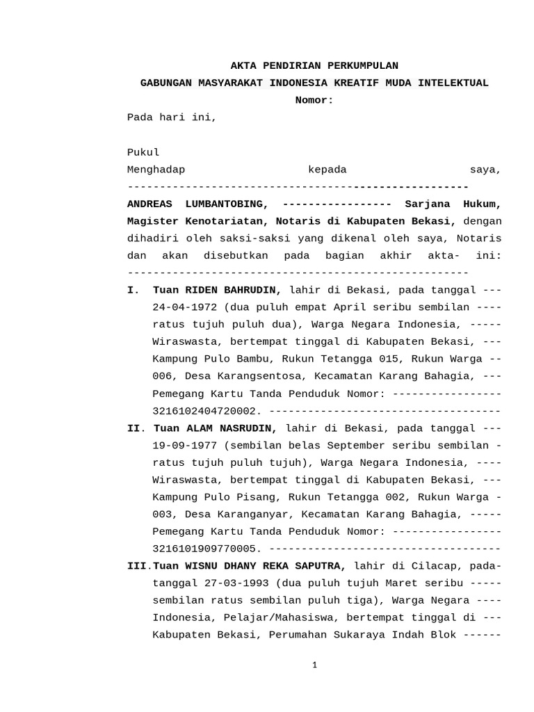 Akta Pendirian Perkumpulan Gabungan Masyarakat Indonesia Kreatif Muda Intelektual | PDF