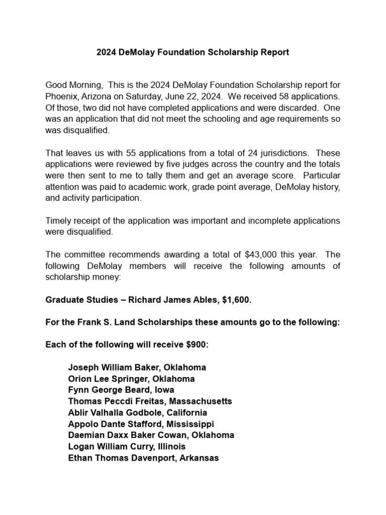 2024 DeMolay Scholarship Awards Summary | PDF