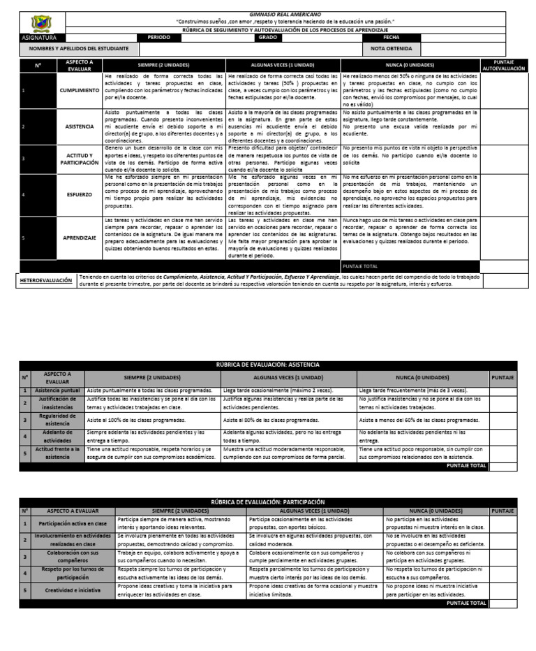 Rubrica Autoevaluacion y Heteroevaluacion | PDF | Aprendizaje | Cognición