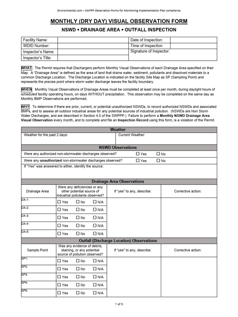 Monthly NSWD Visual Observation Form | PDF | Stormwater | Waste