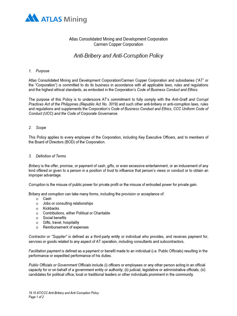 19 - 10 AT CCC Anti-Bribery & Anti-Corruption Policy | PDF | Bribery ...