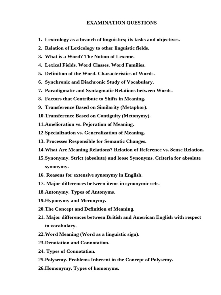 Comprehensive Lexicology Examination Guide | PDF
