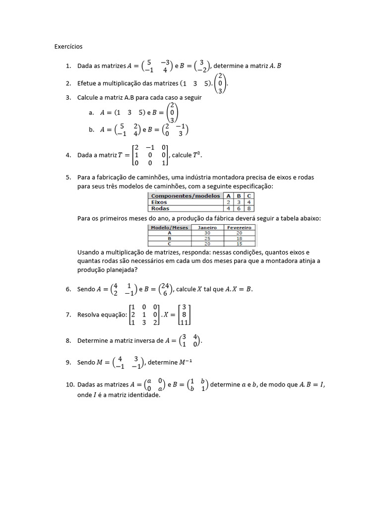 Exercícios - Matrizes | PDF