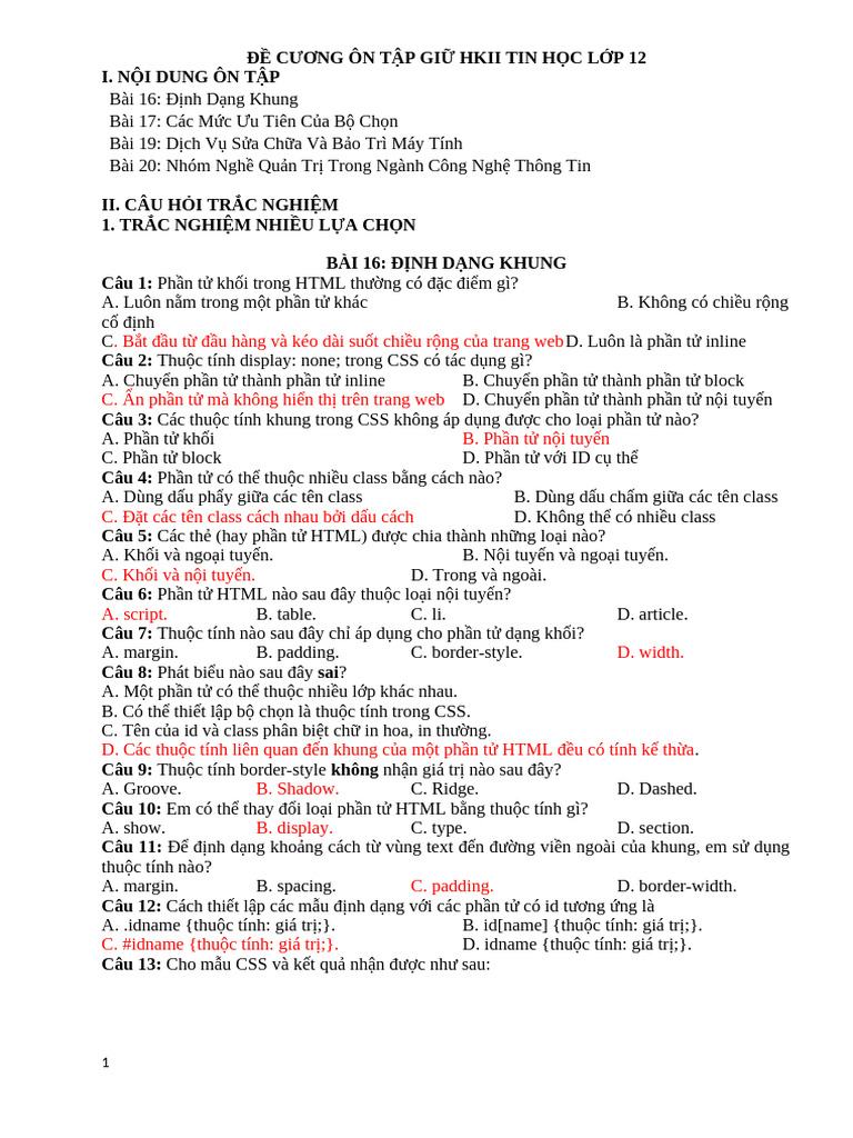 Đề Cương Ôn Tập Giữa Hkii Tin Học Lớp 12 | PDF