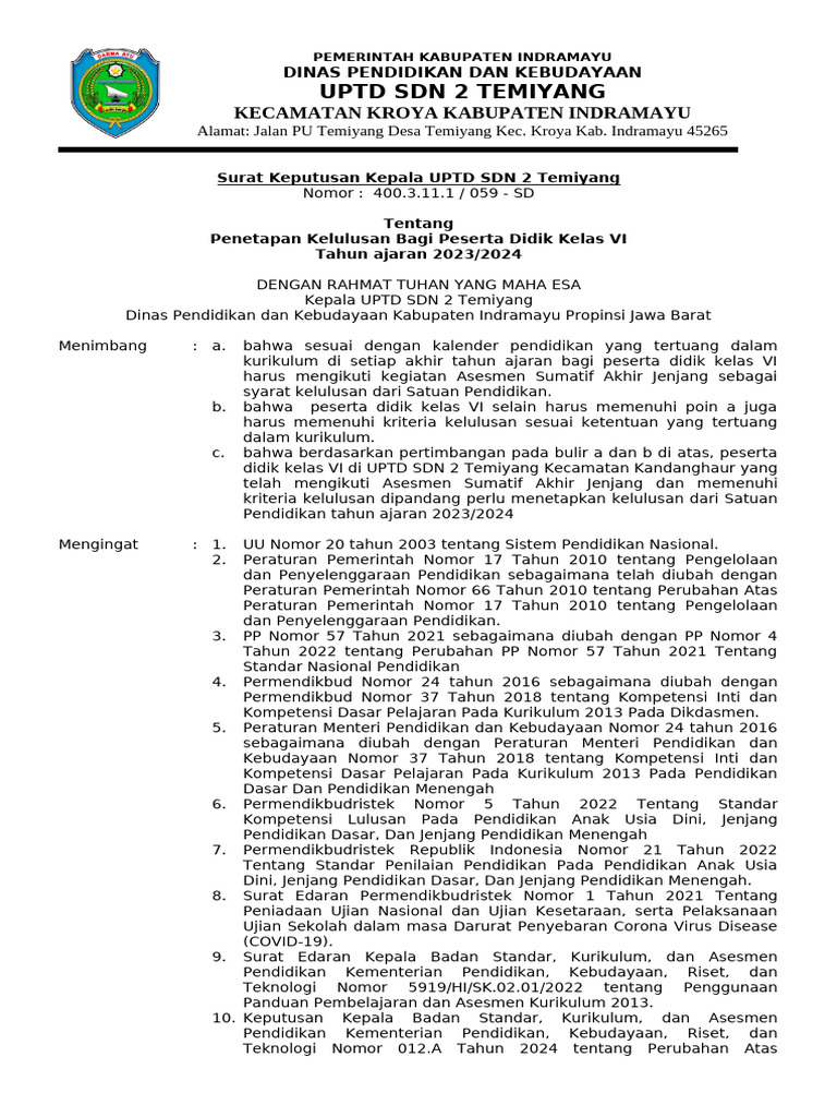 SK Penetapan Kelulusan 2024 | PDF